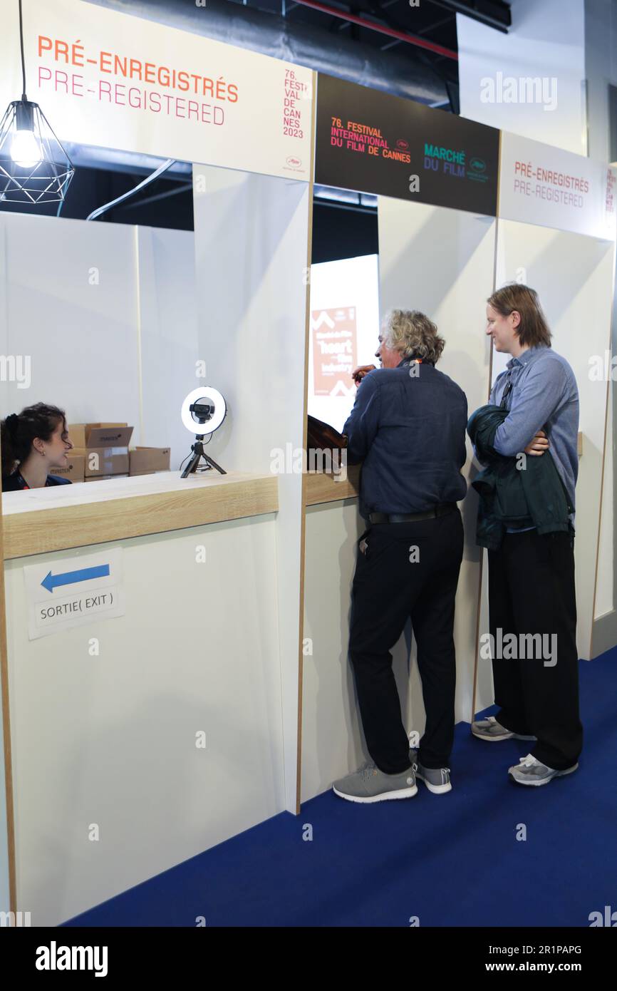 May 15, 2023, Cannes, CÃ´te d'Azur, France: Accreditation Desks at the Grand Palais on the eve ...