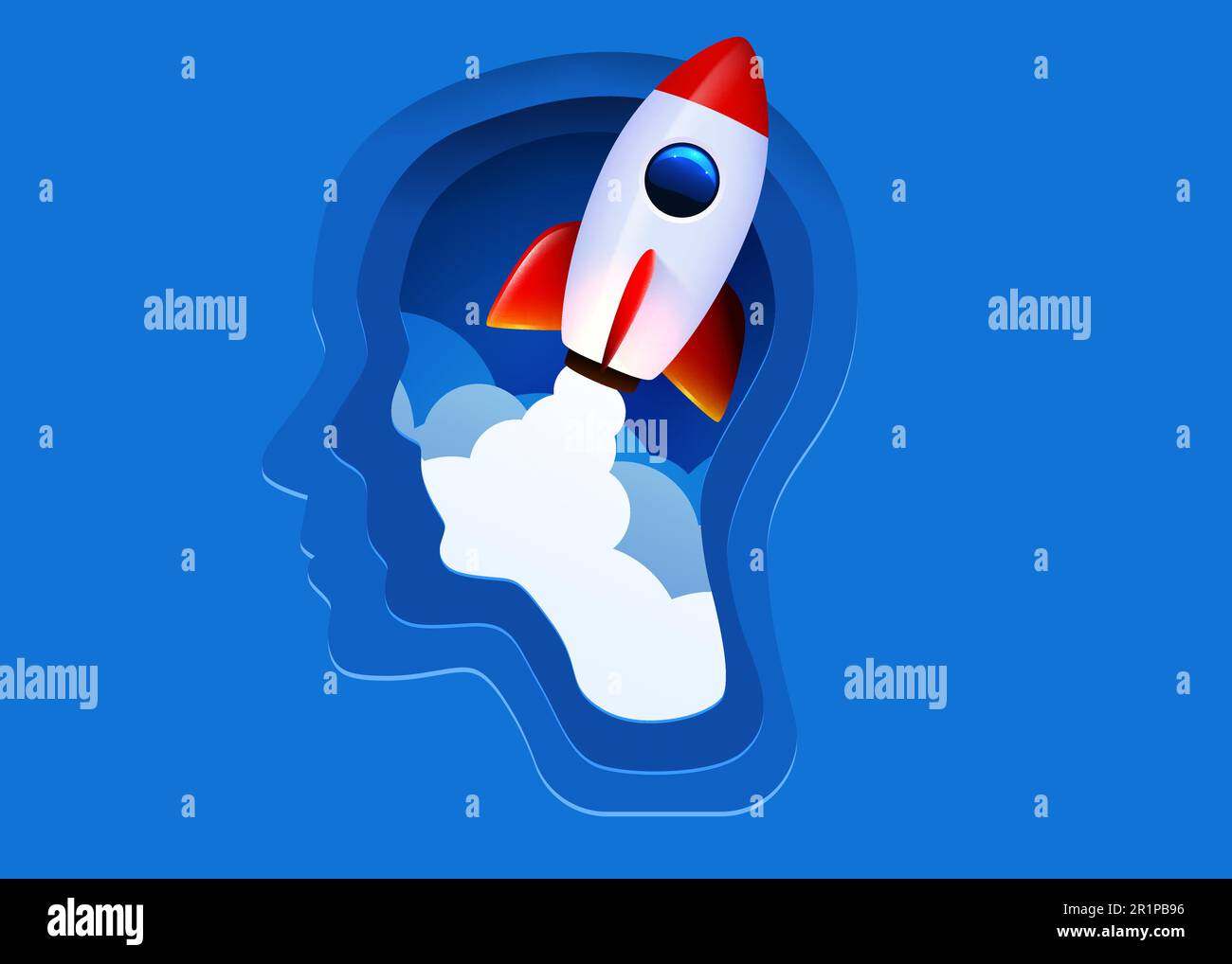 Silhouette of a human head with rocket launch. Concept of brainstorm ...