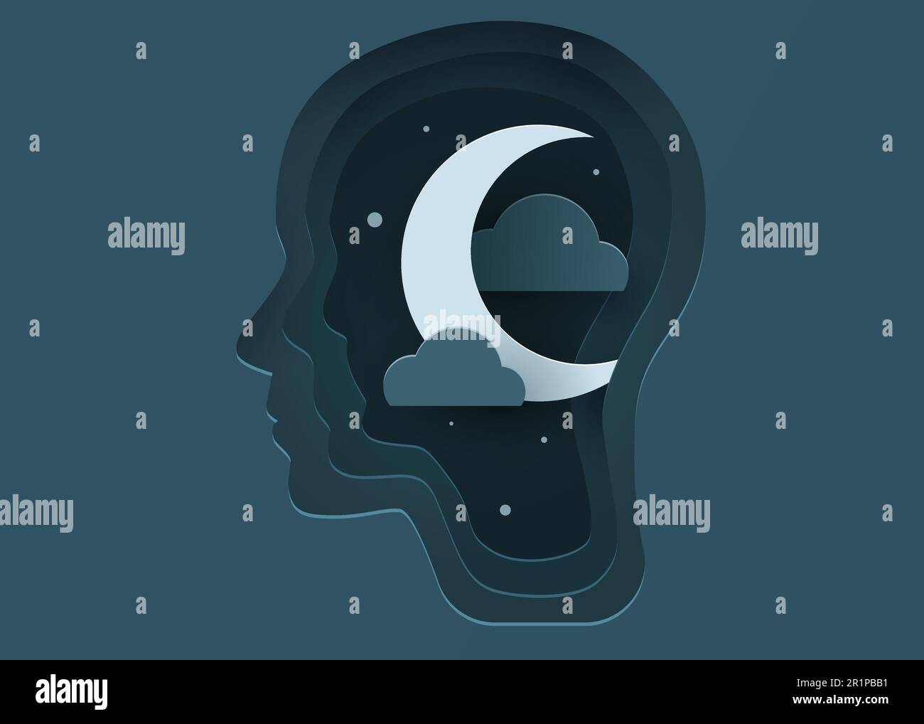 Silhouette of a human head with night moon. Concept of healthy sleep ...