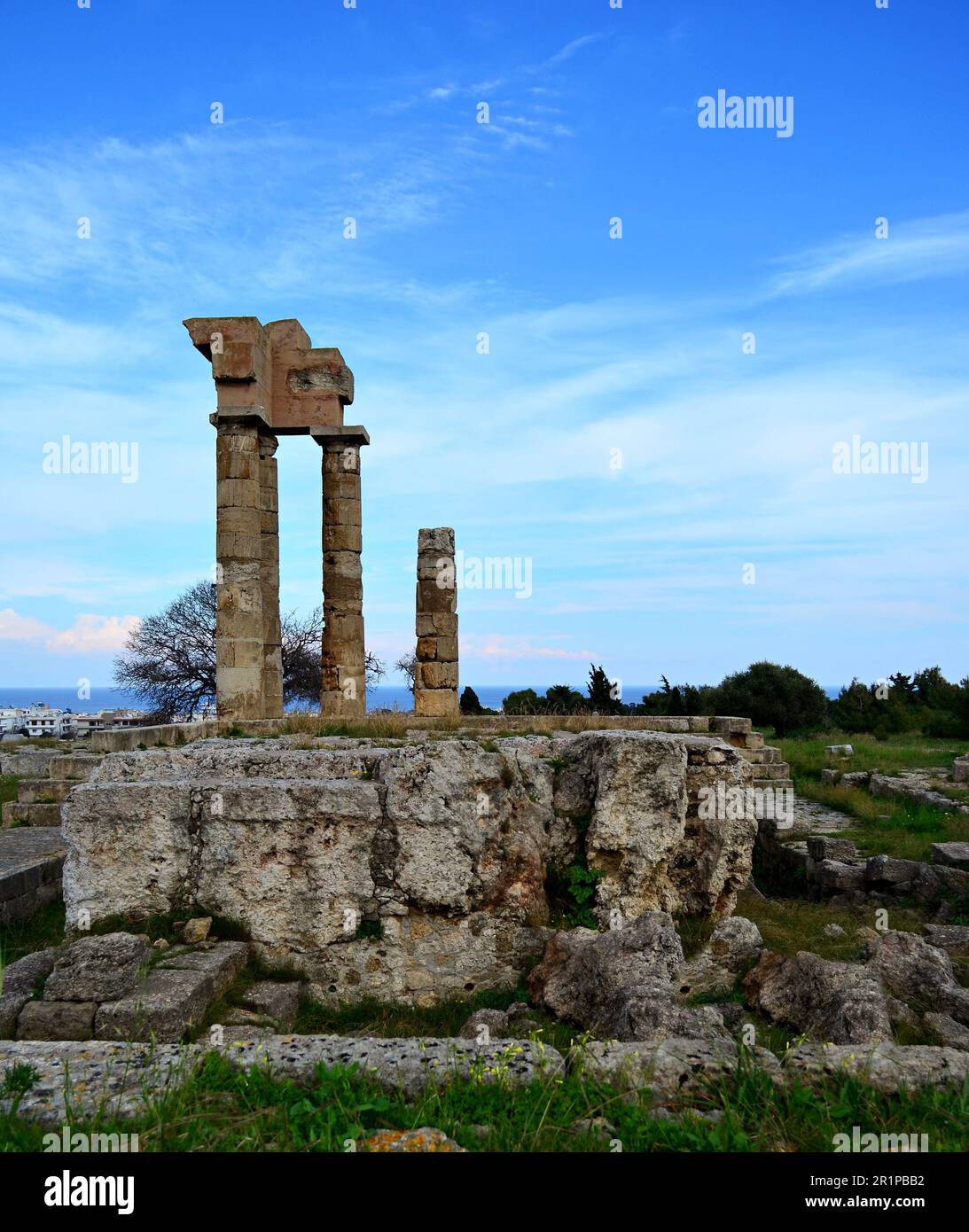 Ancient temple on the island of Rhodes. The remains of the columns of ...