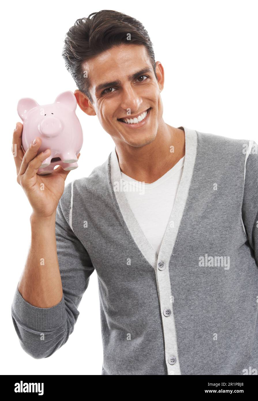 Ive got money in the bank. Profile of a handsome young man shaking a ...