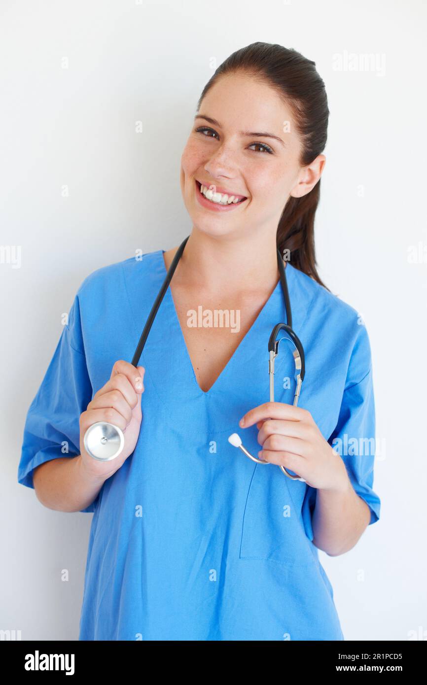 Health portrait, stethoscope and nurse happy for nursing career ...