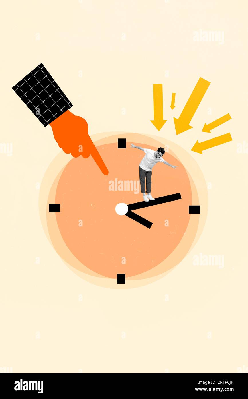 Poster banner drawing collage of business person stand on clock arrow ...