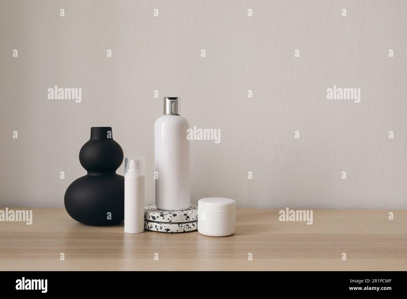 Neutral cosmetics still life. Face and body skin care products with ...