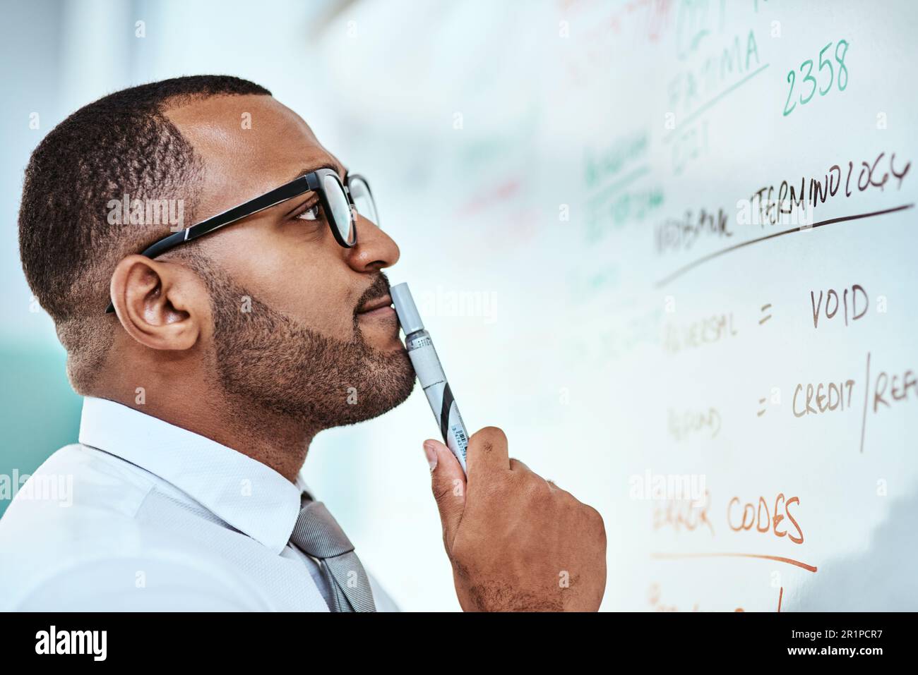 Thinking, finance and business man on whiteboard brainstorming, idea ...