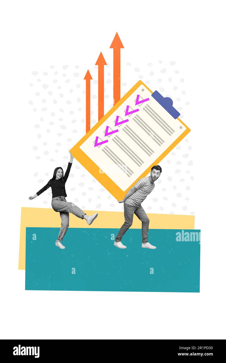 Collage sketch picture of two young funny colleagues hold notebook to ...