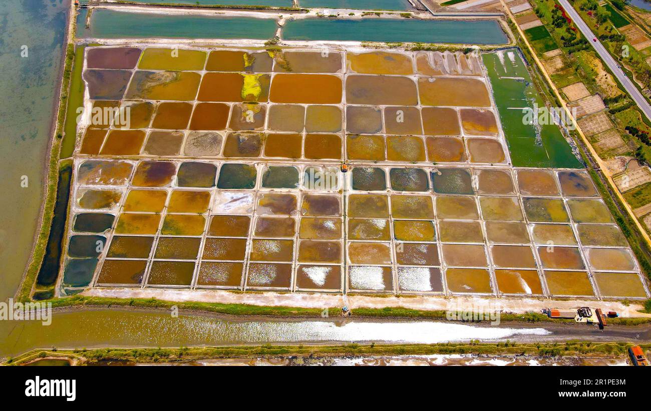 Aerial photo shows the colorful salt fields in Rongcheng City, east ...