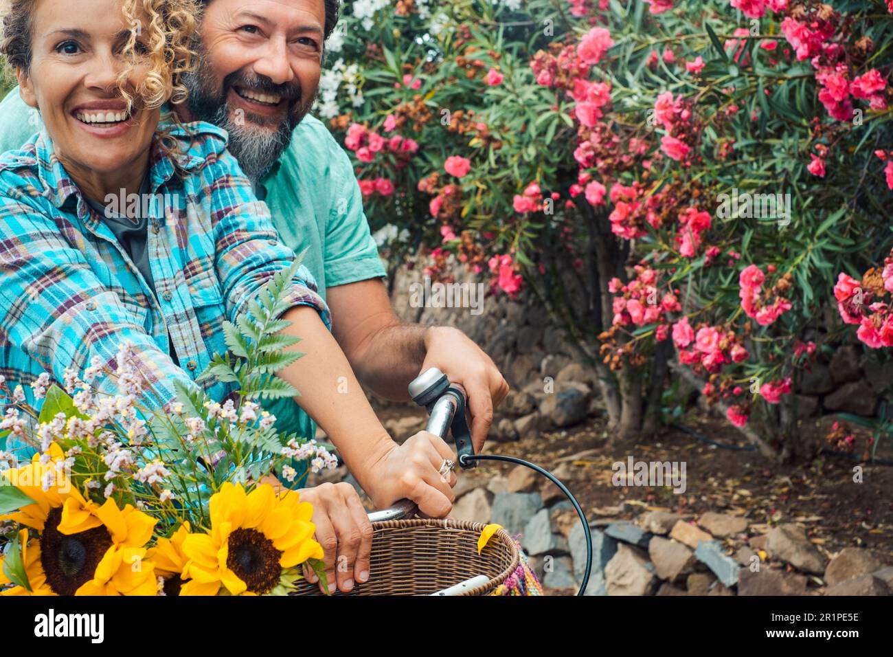 Couple, happy, smile, together, bike, ride, flowers, portrait Stock ...
