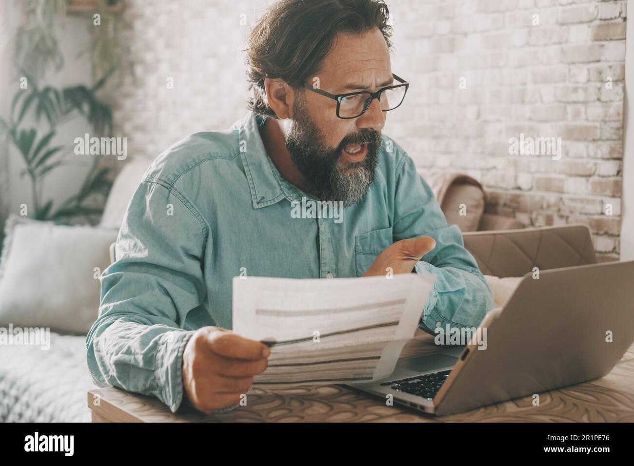 Man, angry, laptop, document, comparison, statement, portrait Stock ...