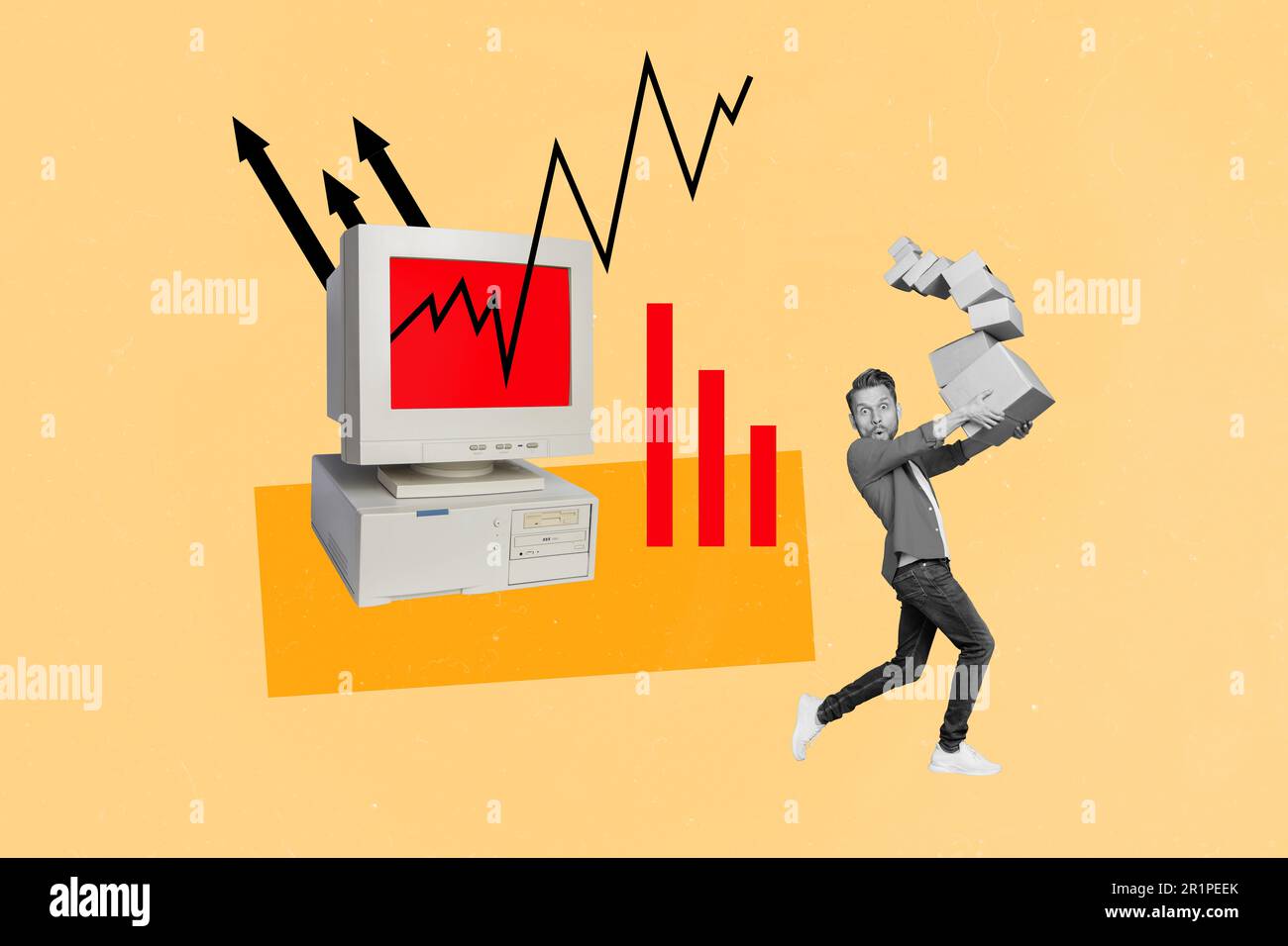 Design collage artwork of young guy surprised hold stack carton boxes ...