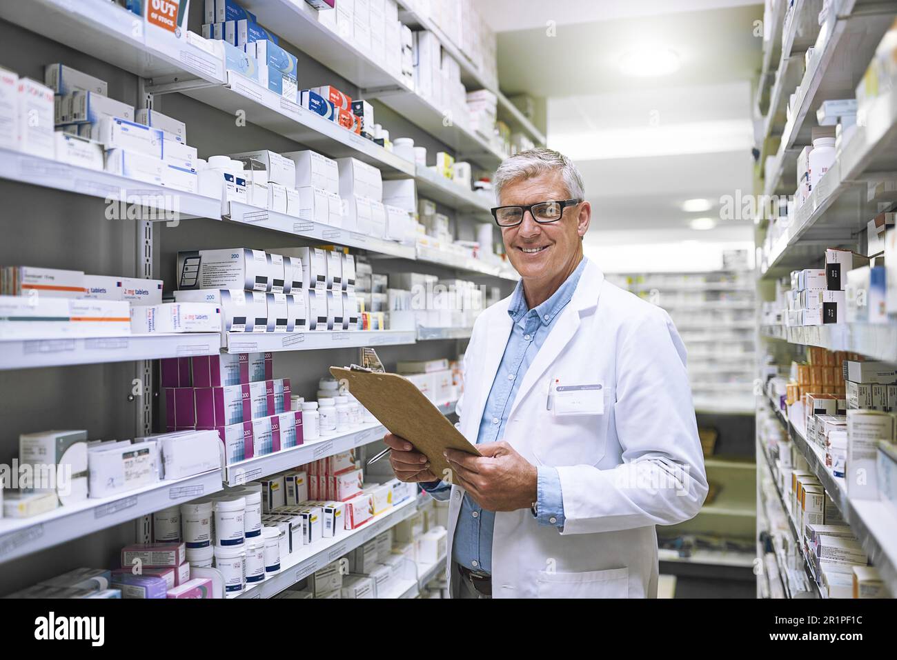 Pharmacy, medicine and portrait of man and clipboard store for ...