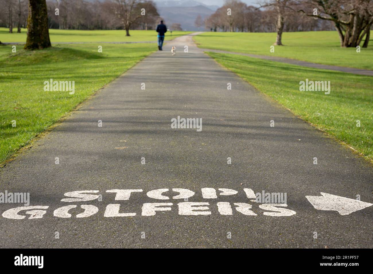 Man with a dog walking on golf course alley with Stop Golfers warning ...
