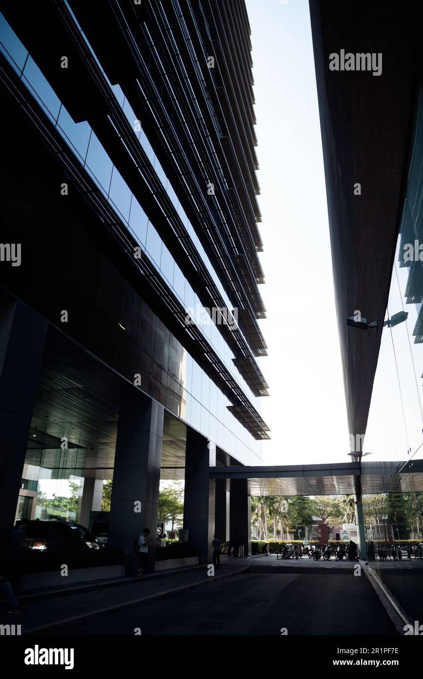 Low angle view of tall office buildings creating a beautiful geometric ...