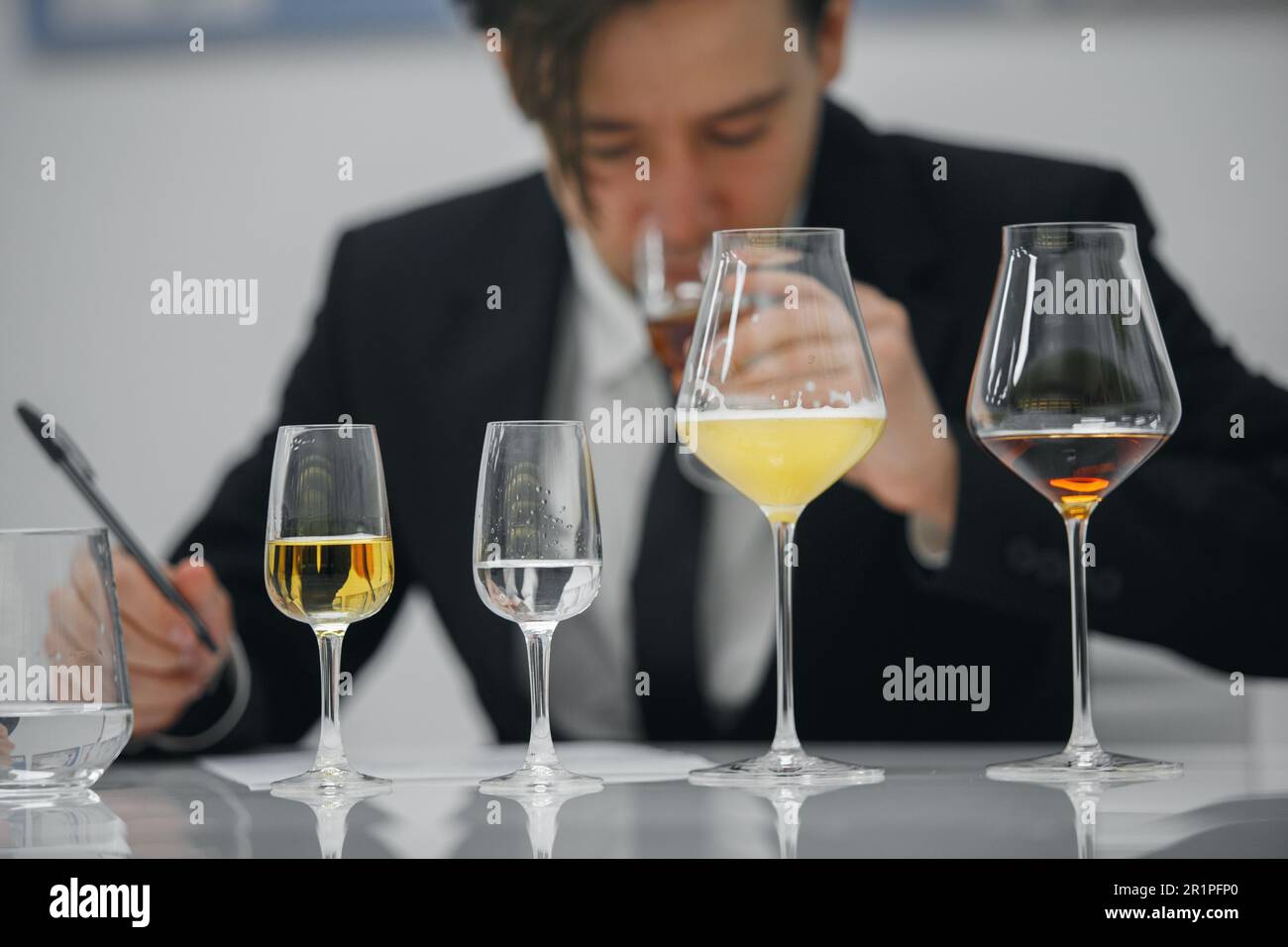 Beginner wine waiter sniffs alcoholic drink during blind tasting ...