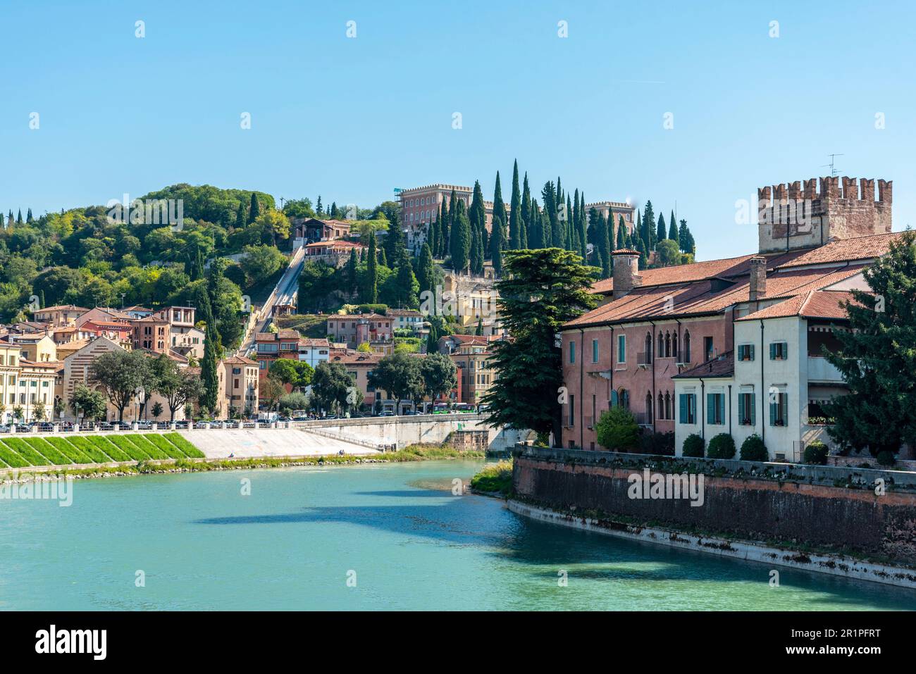 View from downtown Verona and the Castel San Pietro, Italy Stock Photo ...