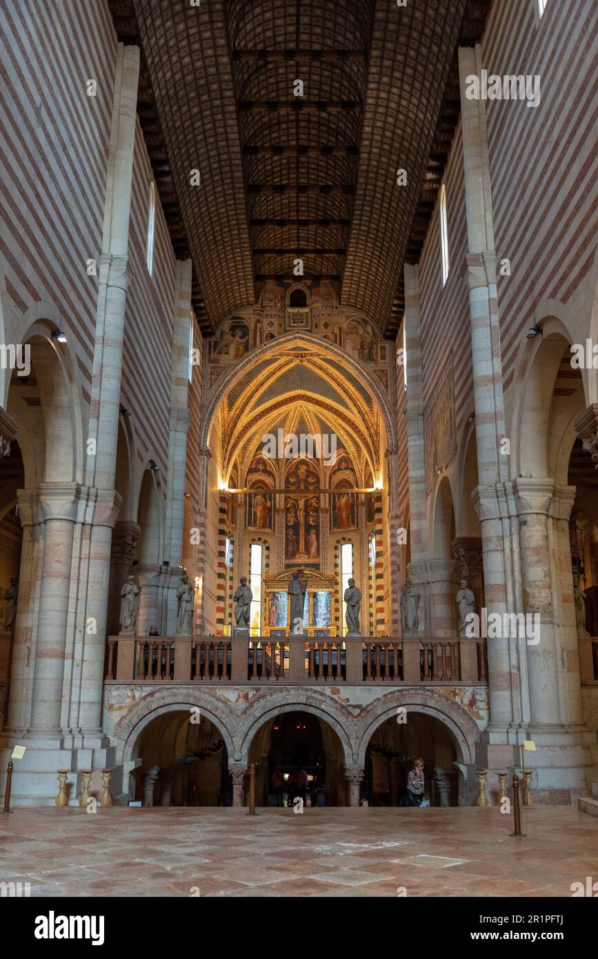 Interior of romanesque basilica San Zeno Maggiore in Verona, Italy ...