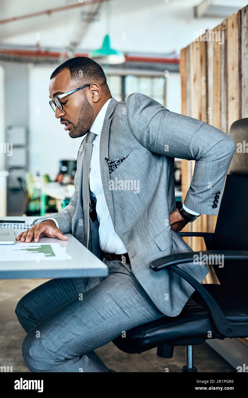 Business man, back pain and stress with injury, bad posture and burnout ...