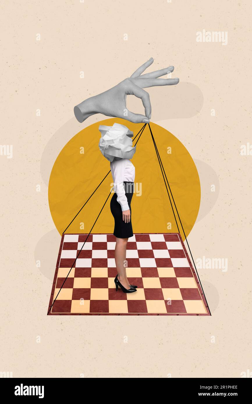 Creative retro 3d magazine collage image of arm holding chessboard lady ...