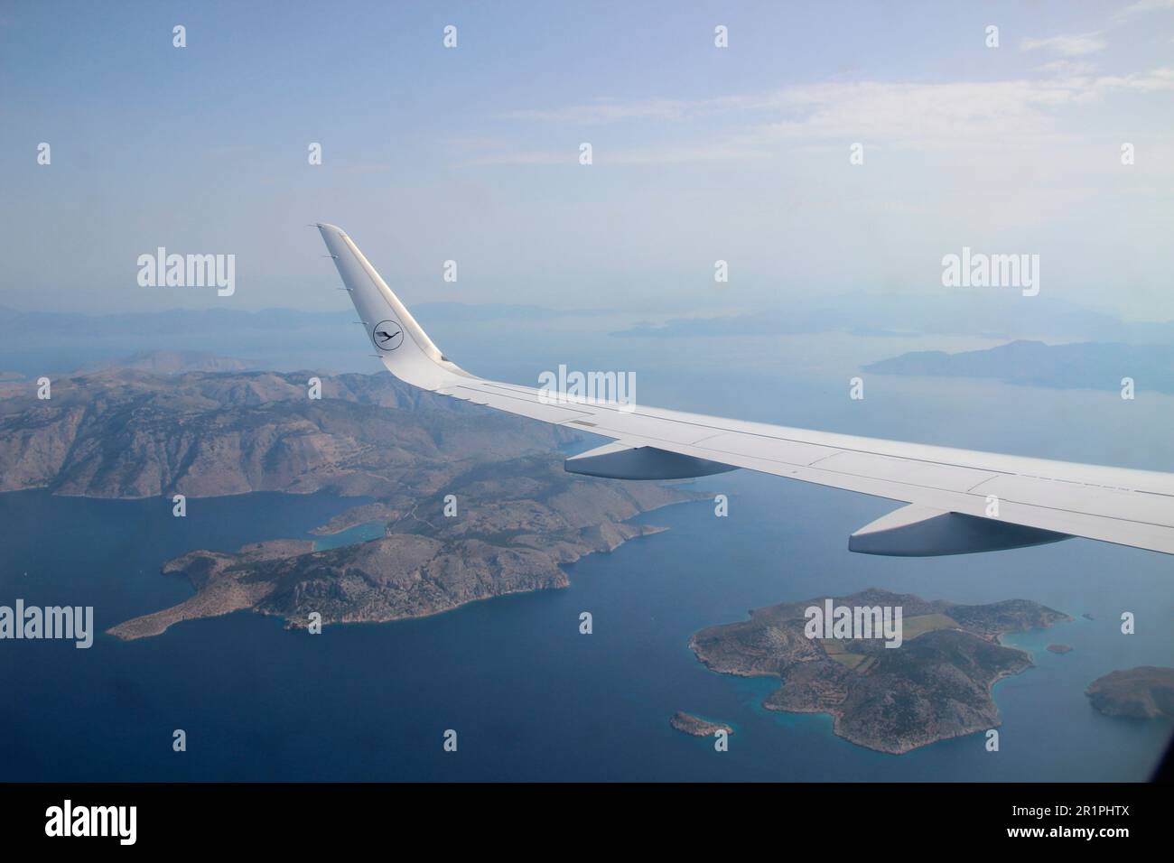 View from airplane, Greek islands, approach to Rhodes, Greece Stock ...