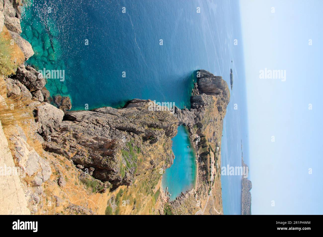 View from the Acropolis to the harbor, Paulus Bay, Lindos Bay, sea ...
