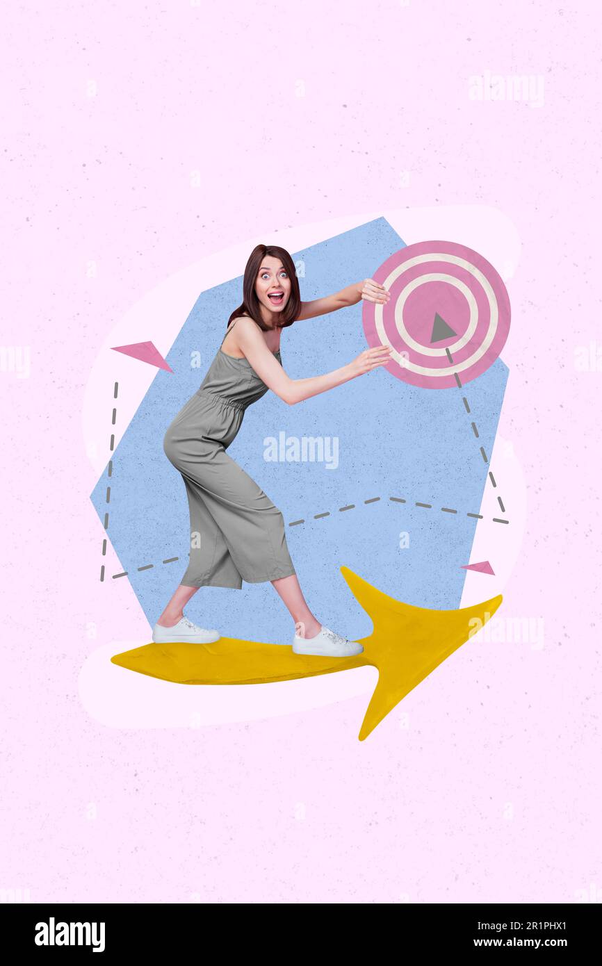 Photo collage artwork minimal picture of smiling excited lady achieving ...