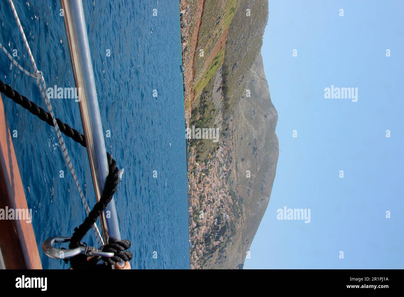View from ship to village view, harbor, bay, village, Symi island ...