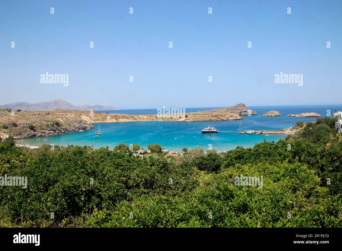 View of the port of Lindos, Rhodes Island, Dodecanese, Aegean Sea ...
