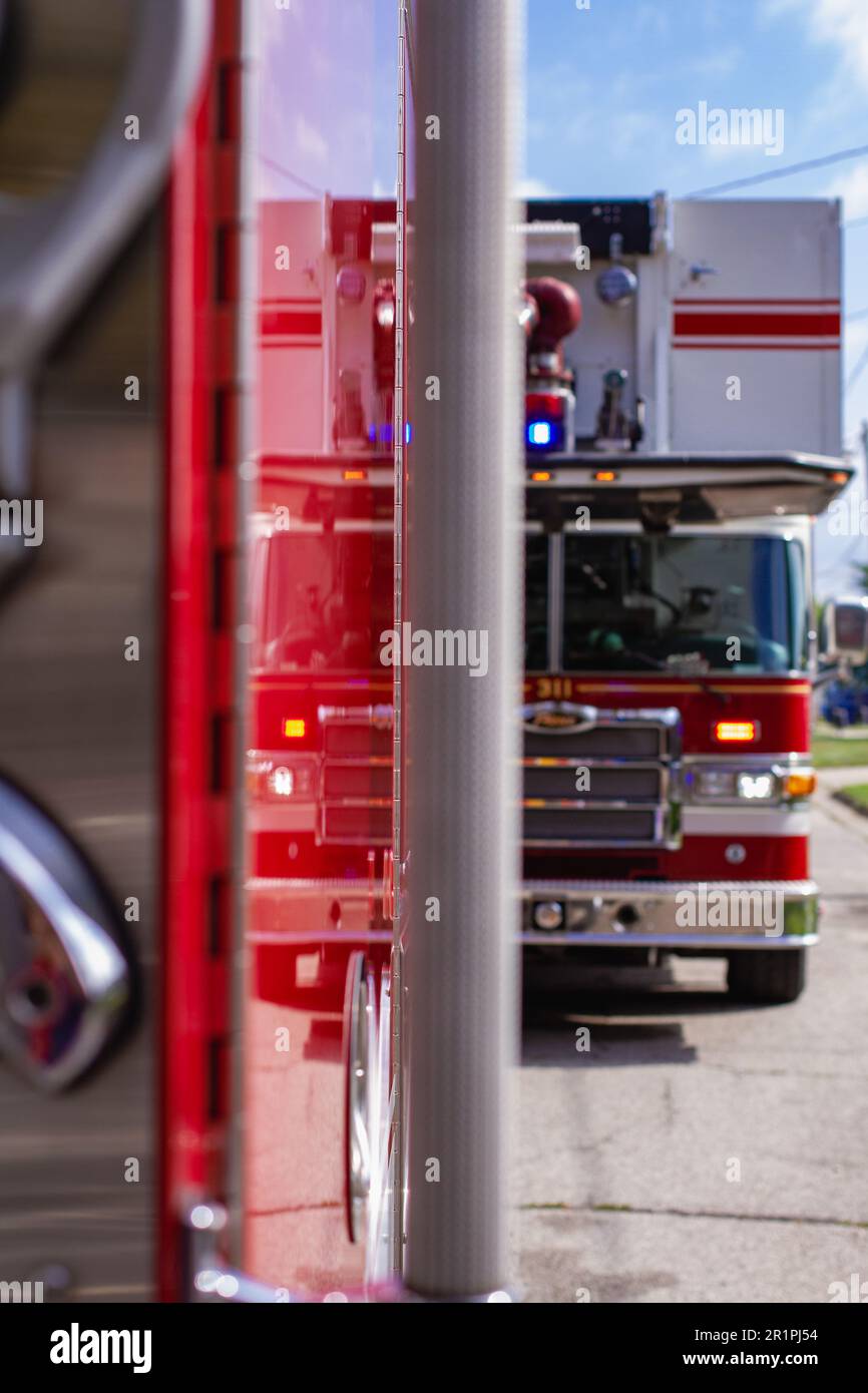 Firetrucks on scene of fire Stock Photo - Alamy