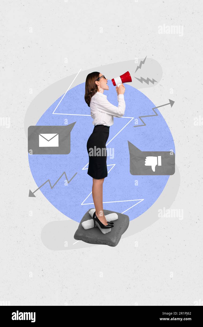 Photo collage artwork minimal picture of angry furious lady shouting ...
