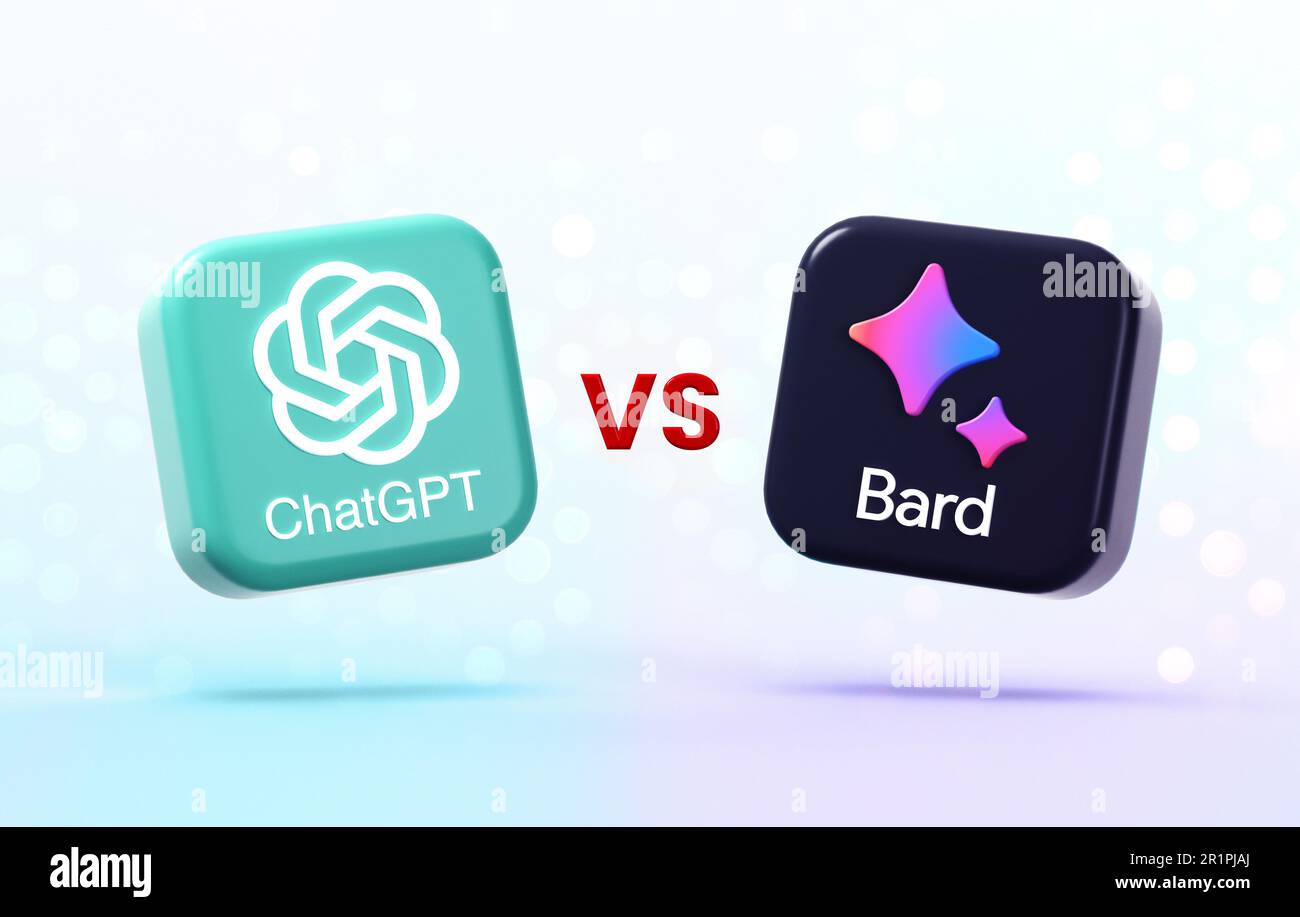 Valencia, Spain - May, 2023: OpenAI ChatGPT VS Google Bard, two powerful artificial intelligence ...