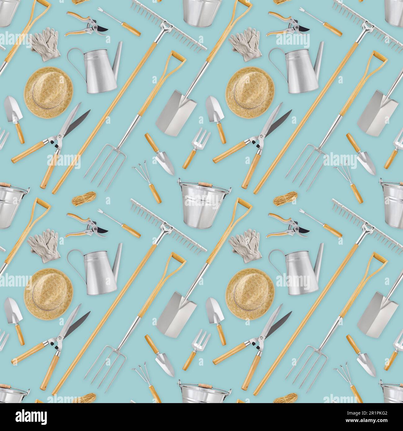 Seamless pattern with gardening equipment and garden tools with wooden ...