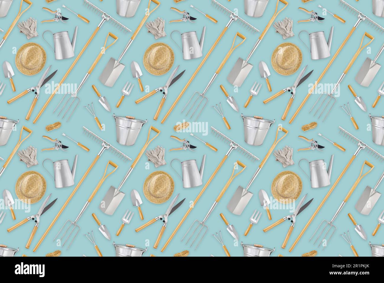 Seamless pattern with gardening equipment and garden tools with wooden ...