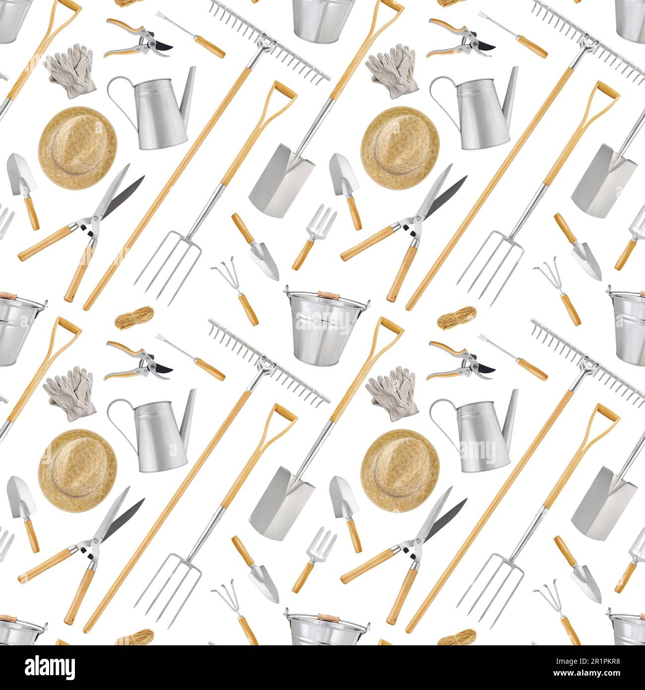 Seamless pattern with gardening equipment and garden tools with wooden ...