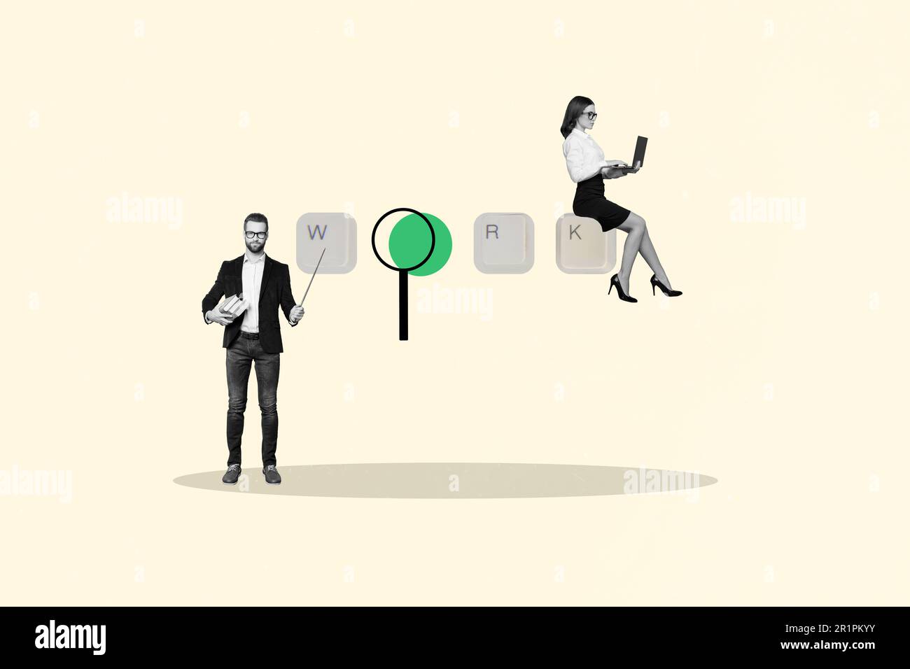 Artwork collage picture of two mini black white effect people pointer ...