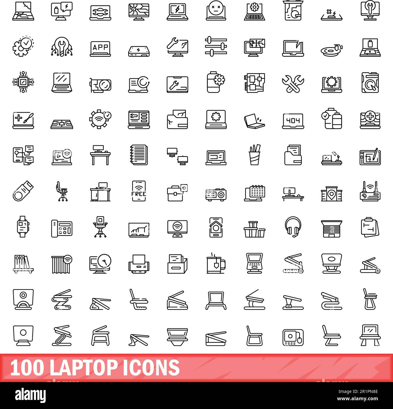 100 laptop icons set. Outline illustration of 100 laptop icons vector ...