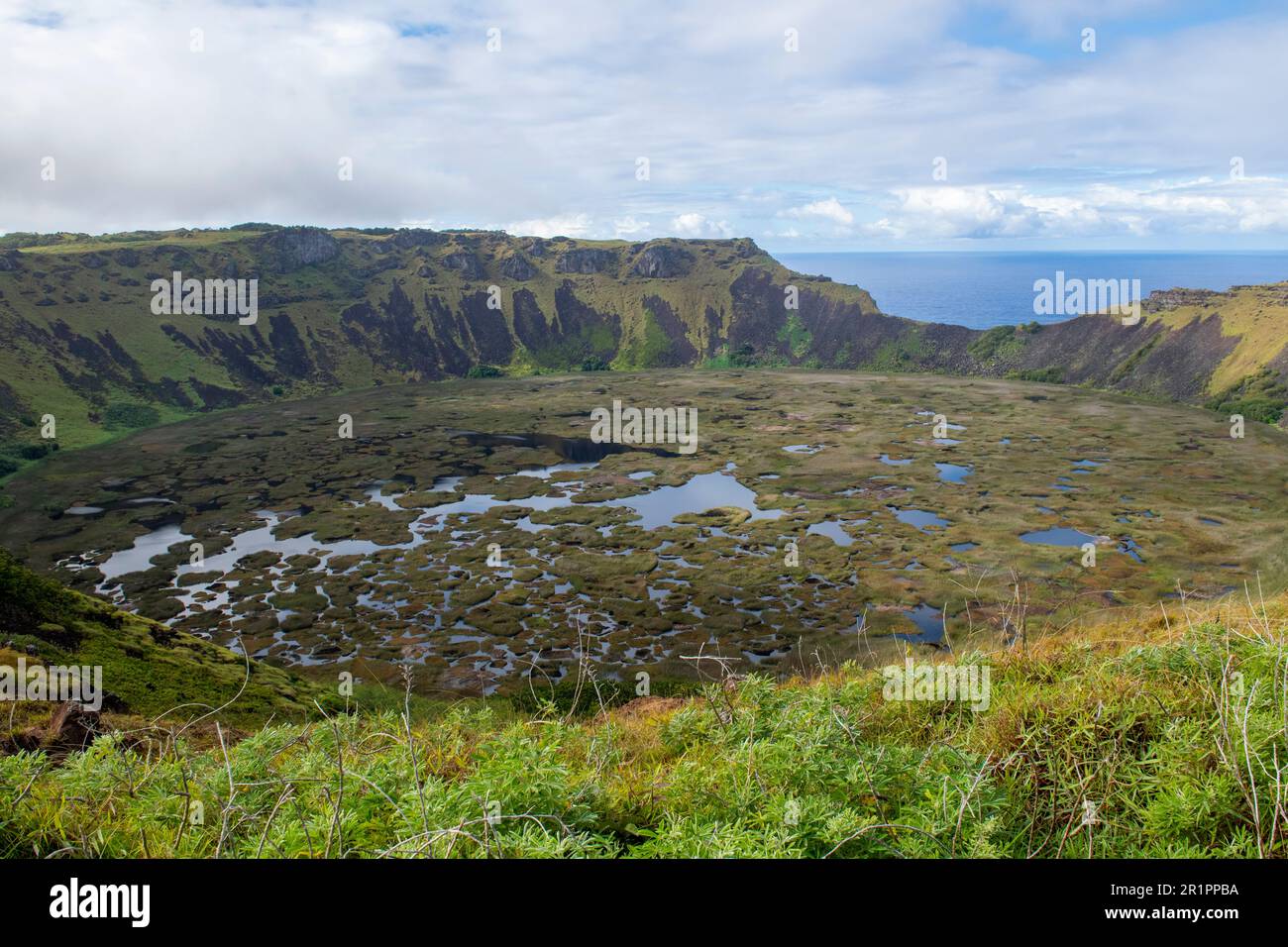 Chile, Easter Island aka Rapa Nui, Orongo, Rano Kau. Volcanic crater ...