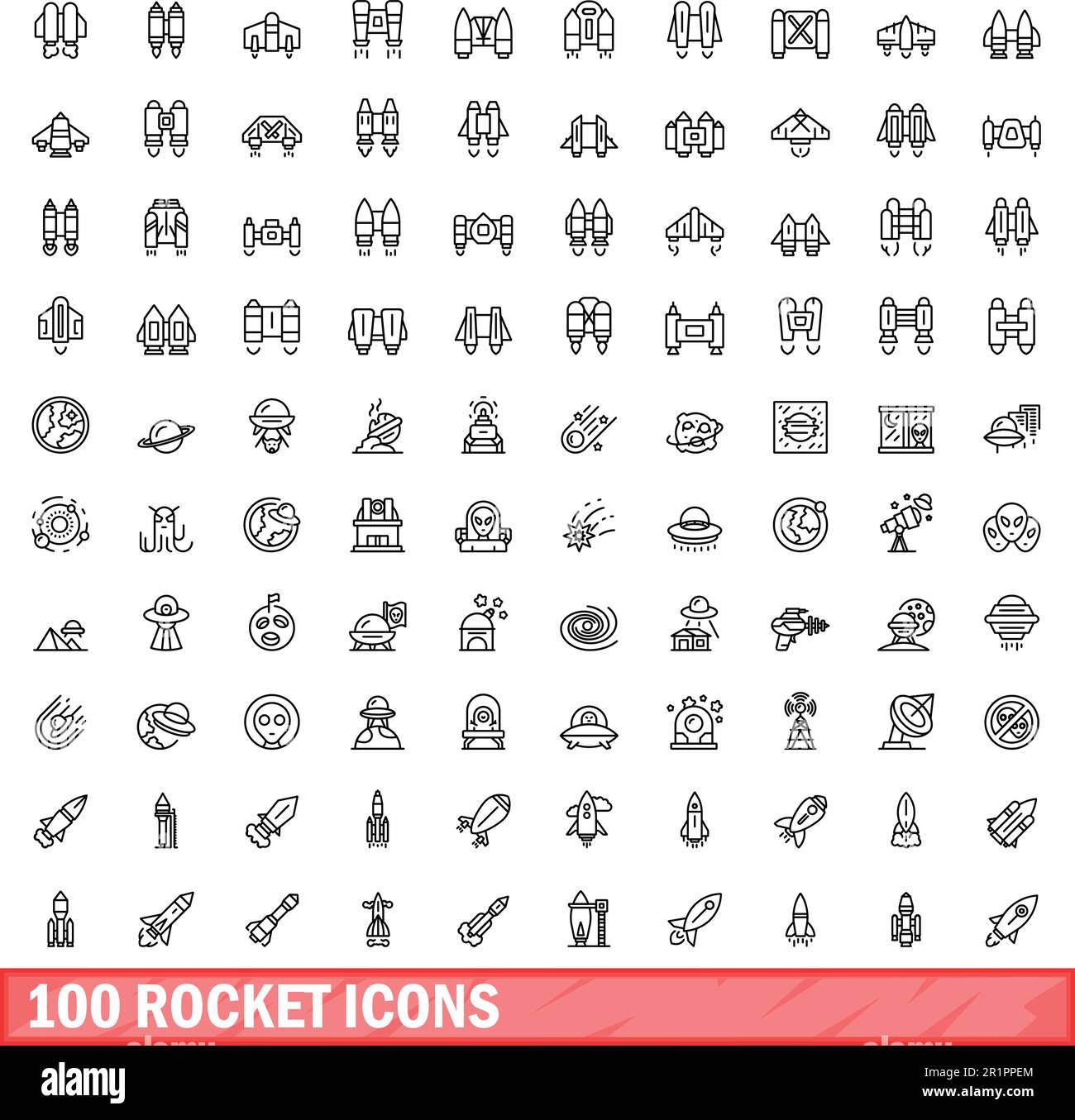 100 rocket icons set. Outline illustration of 100 rocket icons vector ...