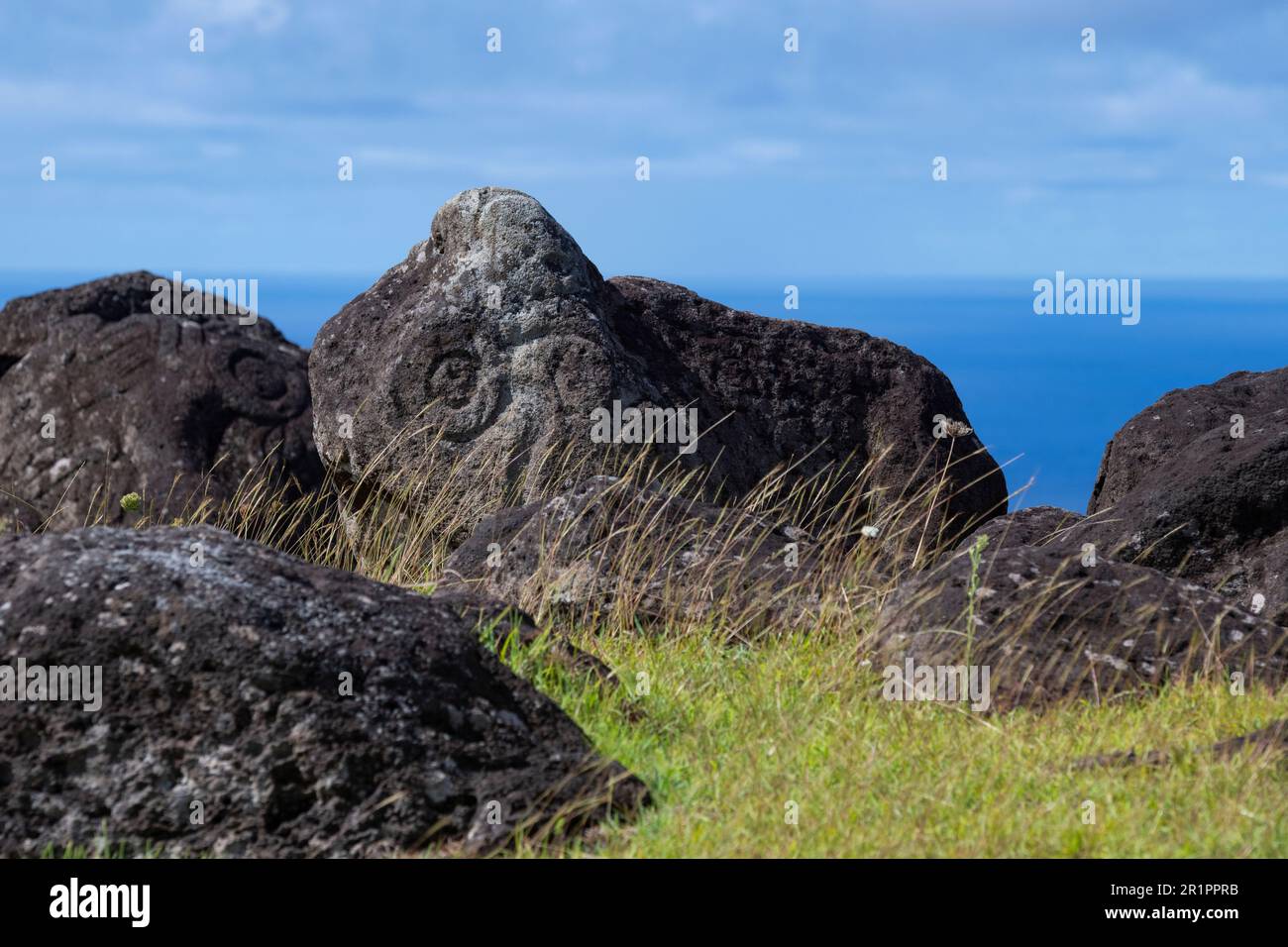 Chile, Easter Island aka Rapa Nui, Orongo. Birdman petroglyph carved ...