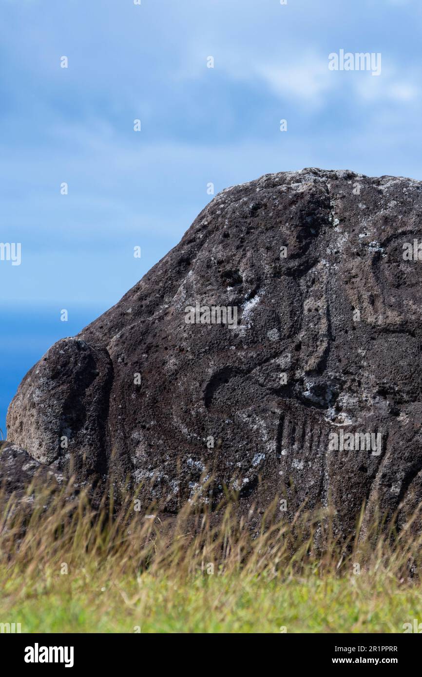 Chile, Easter Island aka Rapa Nui, Orongo. Birdman petroglyph carved ...
