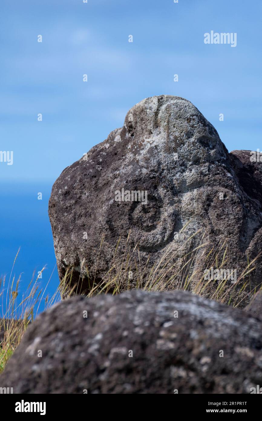 Chile, Easter Island aka Rapa Nui, Orongo. Birdman petroglyph carved ...