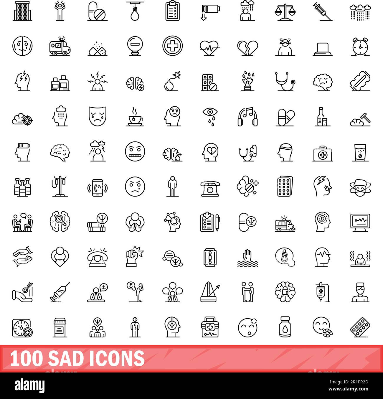 100 sad icons set. Outline illustration of 100 sad icons vector set ...