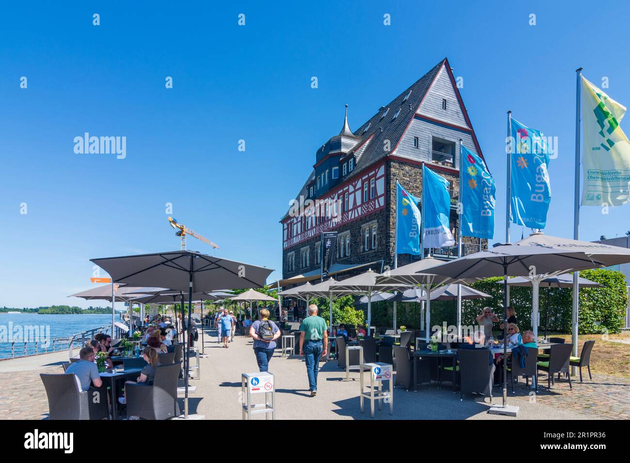 Restaurant zollamt at river rhine in rheintal hi-res stock photography ...