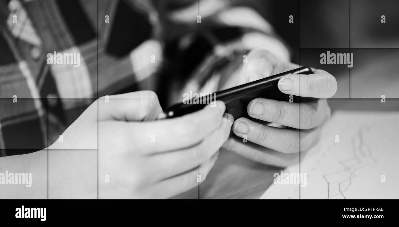 Female hands using a mobile phone, geometric pattern Stock Photo - Alamy