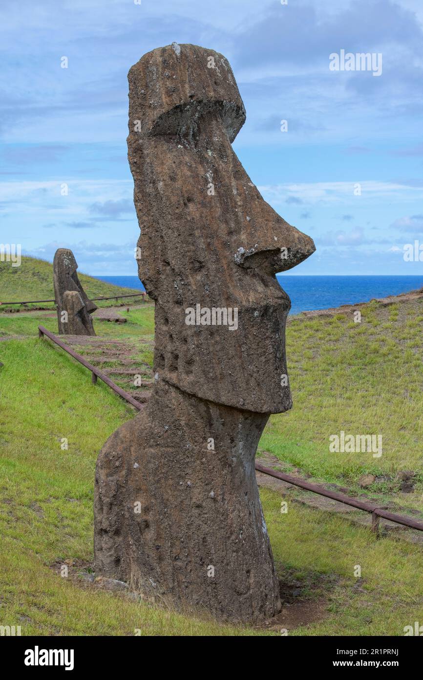 Chile, Easter Island aka Rapa Nui. Typical stone moai head, Rano a ...