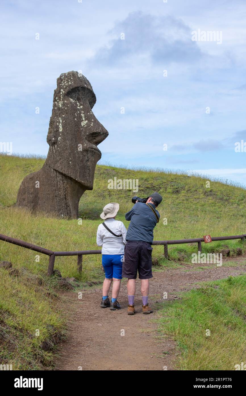 Chile, Easter Island aka Rapa Nui. Traditional stone moai at Rano a ...