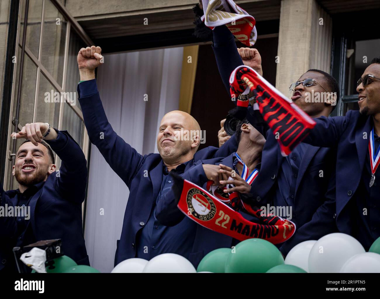 ROTTERDAM - Orkun Kokcu, Arne Slot and Javairo Dilrosun on the balcony ...