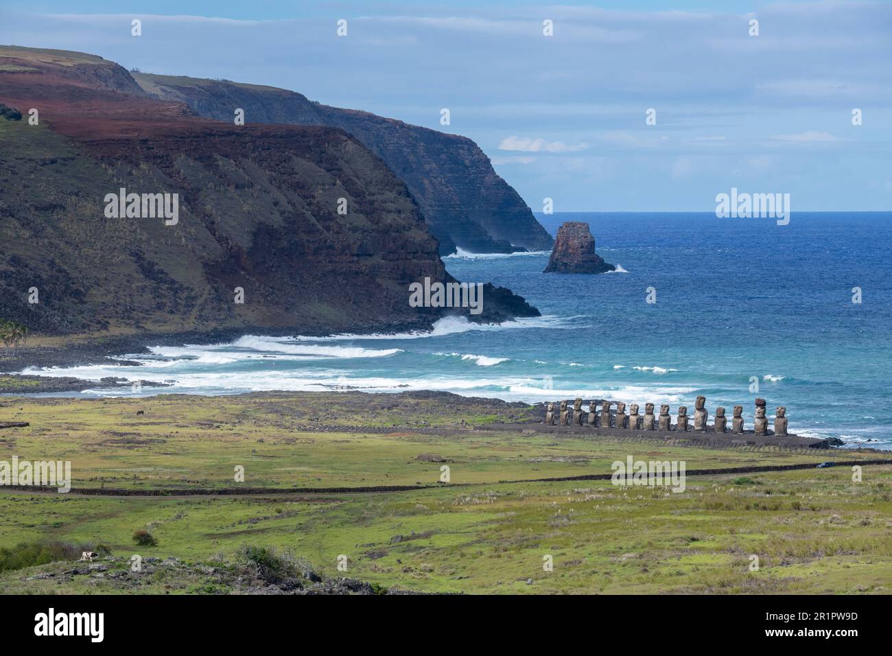 Chile, Easter Island aka Rapa Nui. Coastal view of Tongariki with it 15 ...
