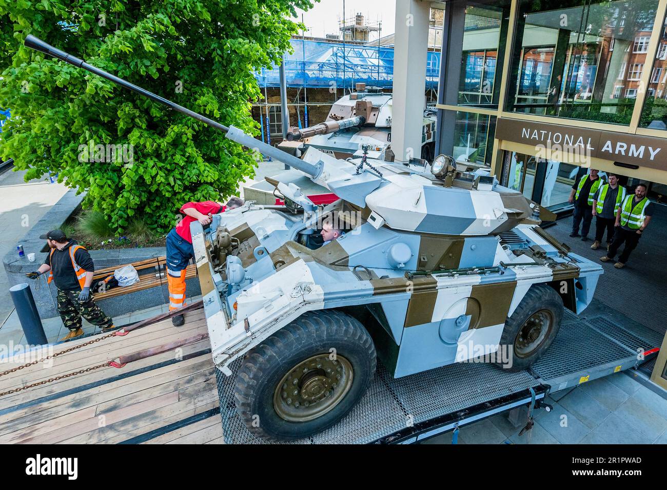 London, UK. 15th May, 2023. The Fox armoured car is removed to make ...