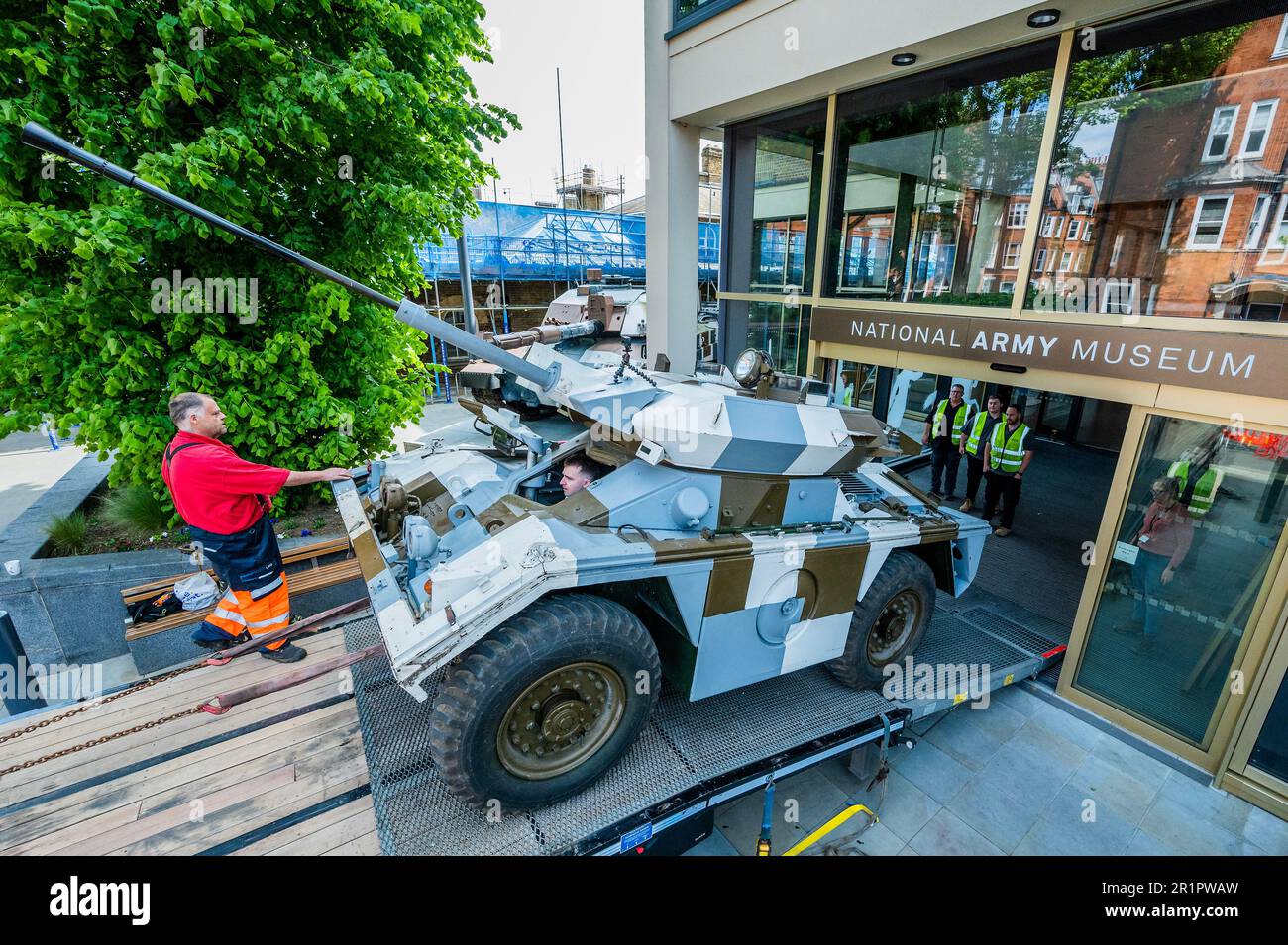 London, UK. 15th May, 2023. The Fox armoured car is removed to make ...