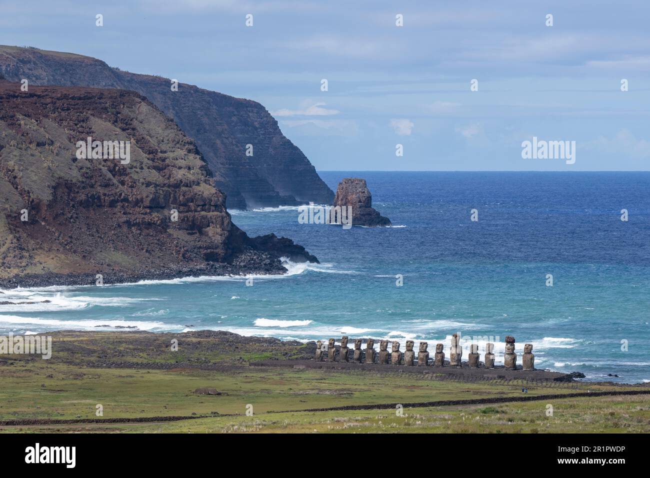 Chile, Easter Island aka Rapa Nui. Coastal view of Tongariki with it 15 ...